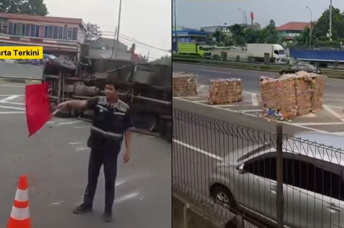 Truk Muatan Kardus Terguling di Tol JORR Arah TMII, Lalu Lintas Sempat ...